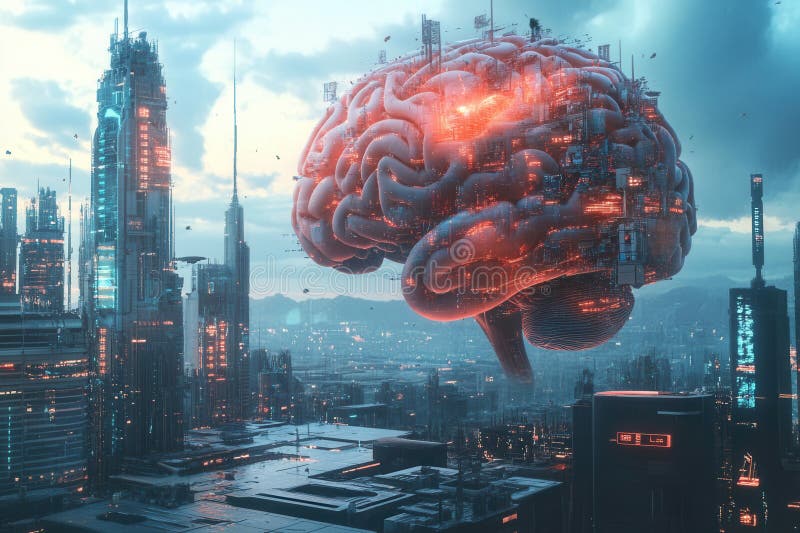 Giant Futuristic Brain Hovering Over Cyberpunk City at Dusk Stock Image ...
