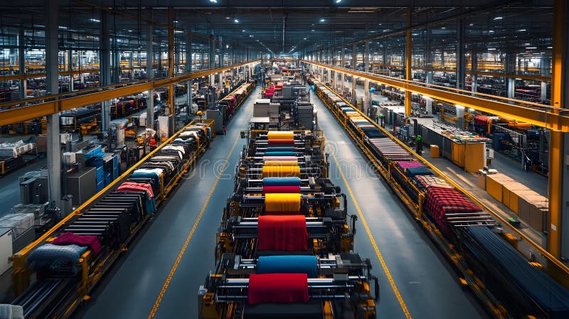 Massive Textile Factory with Rows of Vibrant Fabrics and Machines ...