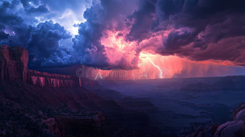 Massive Thunderstorm with Lightning Illuminating a Canyon Landscape ...