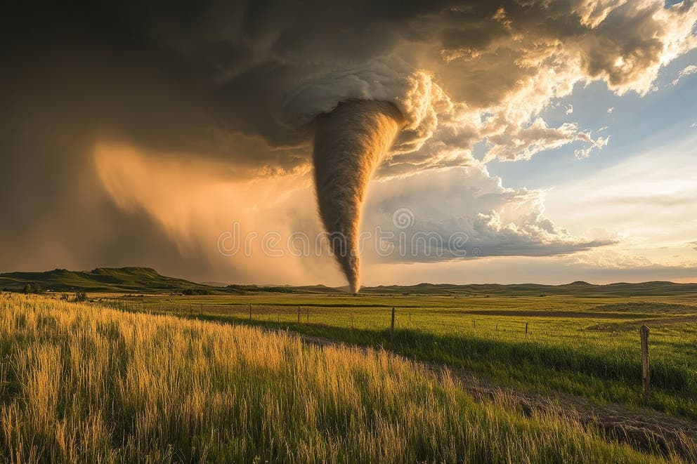 A Massive Tornado Funnel Cloud Touching Down in a Rural Field at Sunset ...