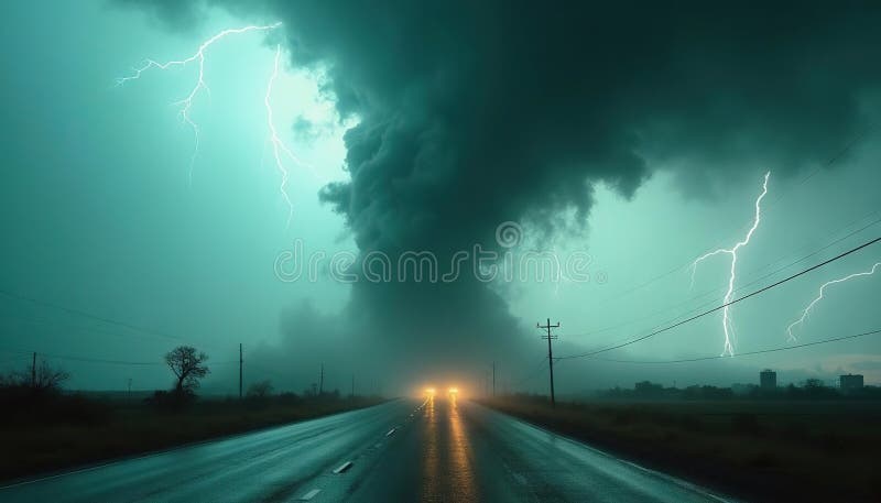 Massive Tornado and Lightning Strike on an Open Road in a Stormy ...