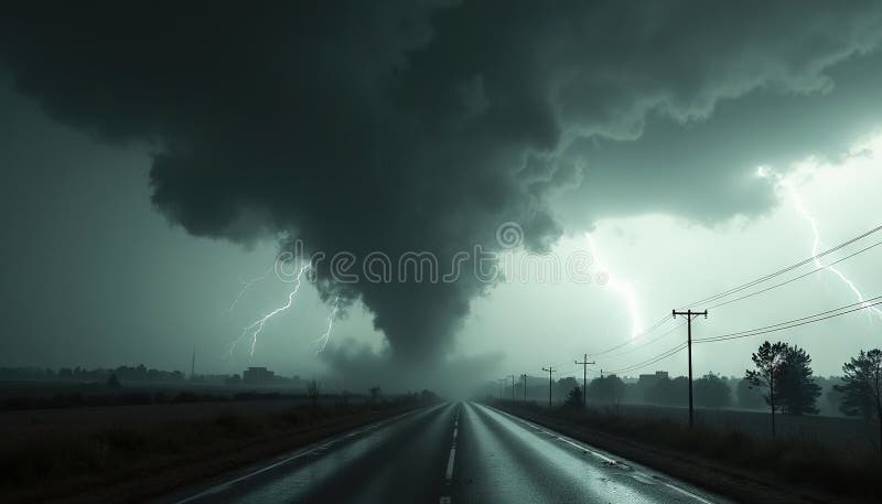 Massive Tornado and Lightning Strike on an Open Road in a Stormy ...