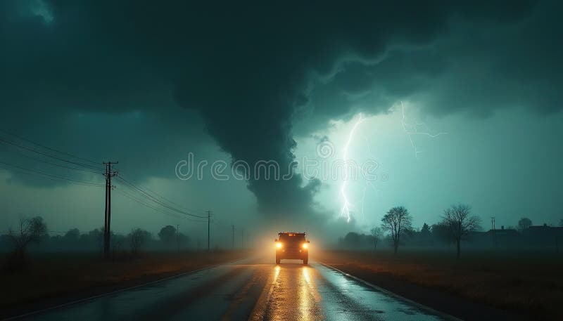 Massive Tornado and Lightning Strike on an Open Road in a Stormy ...