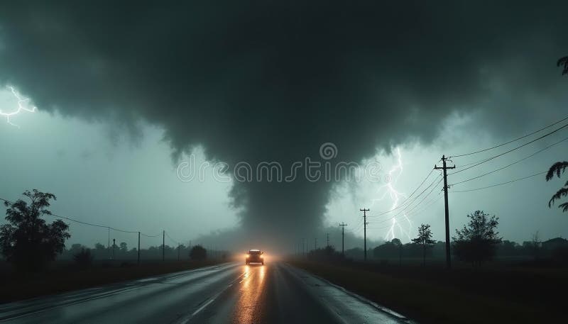 Massive Tornado and Lightning Strike on an Open Road in a Stormy ...