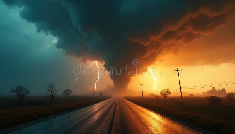 Massive Tornado and Lightning Strike on an Open Road in a Stormy ...