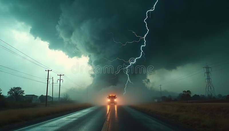 Massive Tornado and Lightning Strike on an Open Road in a Stormy ...