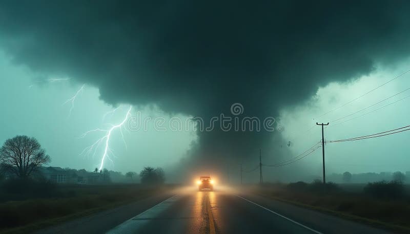 Massive Tornado and Lightning Strike on an Open Road in a Stormy ...