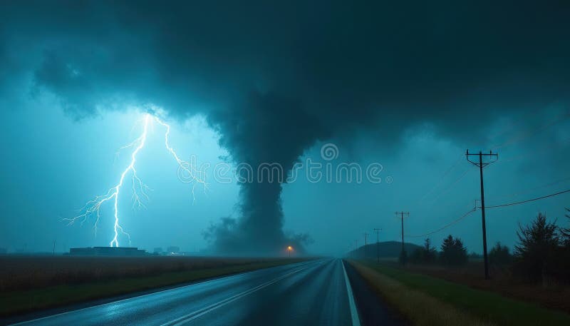 Massive Tornado and Lightning Strike on an Open Road in a Stormy ...