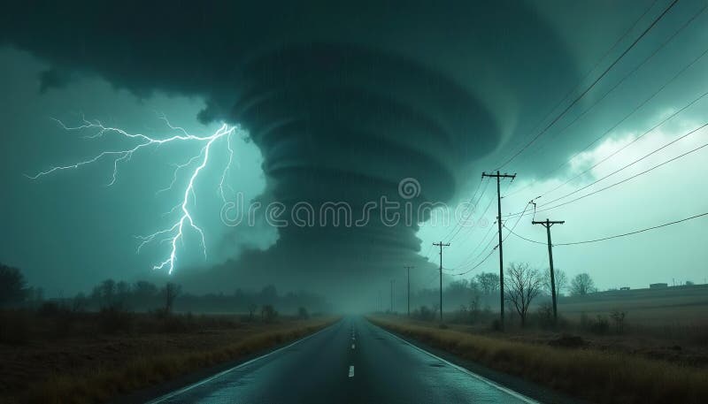 Massive Tornado and Lightning Strike on an Open Road in a Stormy ...
