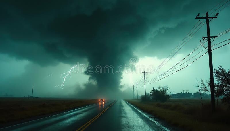 Massive Tornado and Lightning Strike on an Open Road in a Stormy ...