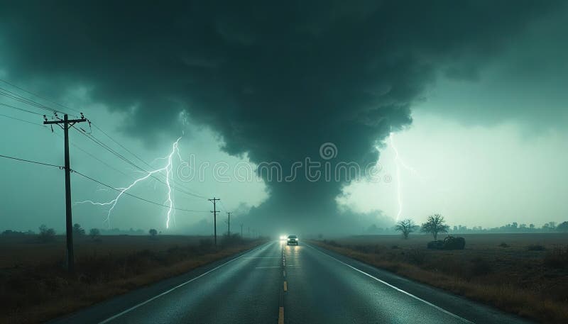Massive Tornado and Lightning Strike on an Open Road in a Stormy ...