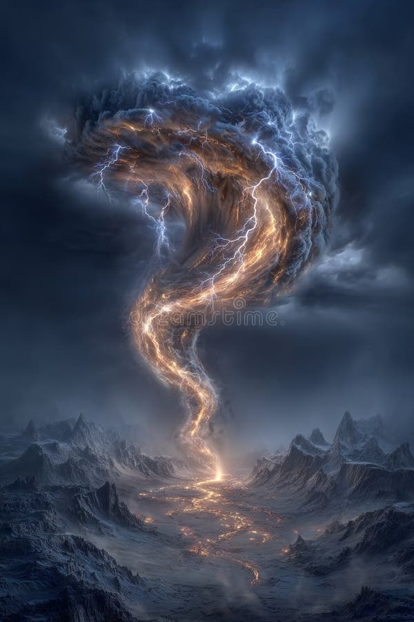 A Massive Tornado Rises Upward, Enveloped by Dark Clouds and Flames at ...