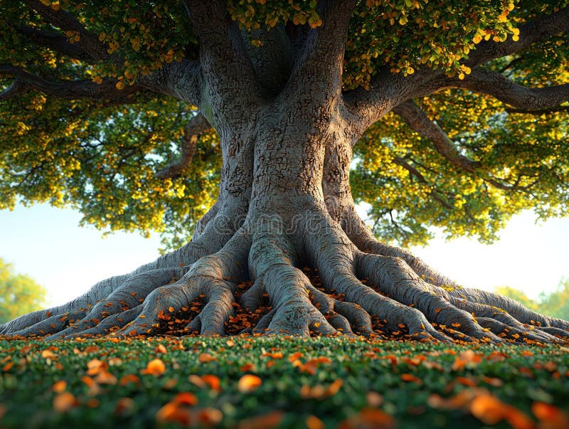Majestic Tree with Sprawling Roots and Foliage Stock Illustration ...