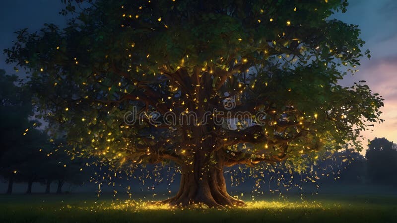 View of Massive Tree with Glowing Leaves, Surrounded by Tiny Floating ...