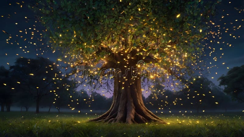 View of Massive Tree with Glowing Leaves, Surrounded by Tiny Floating ...