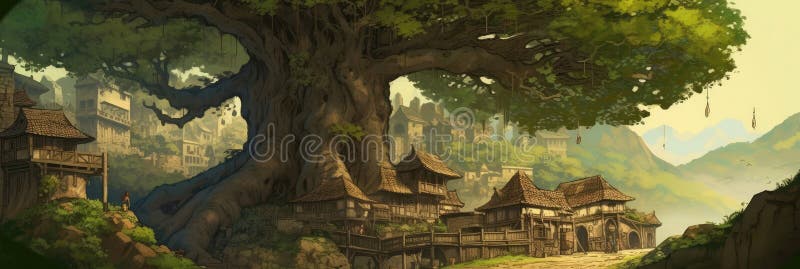 A Massive Tree with a Hidden Village Panoramic Background. Generative ...