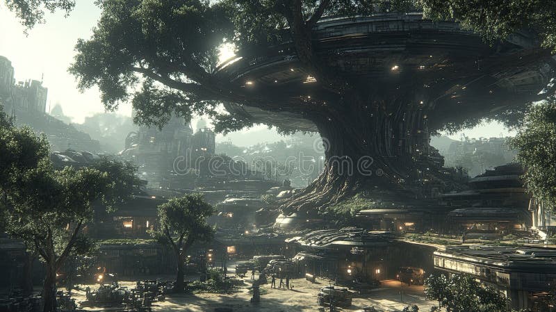 Futuristic Tree City in Sci-Fi Landscape Stock Illustration ...