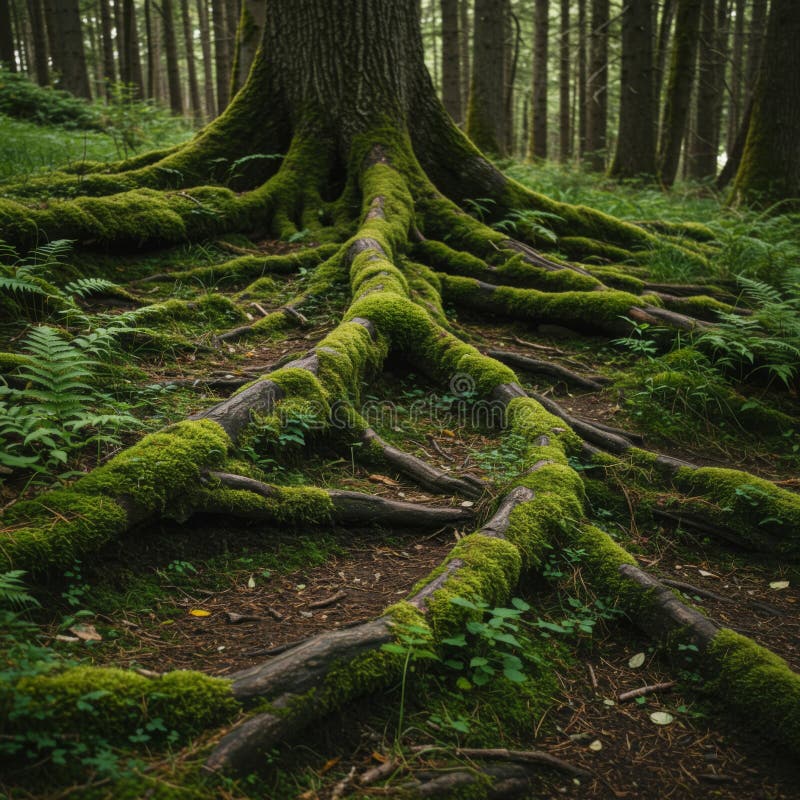 Massive Tree Roots Covered in Lush Green Moss in a Dark Forest Stock ...