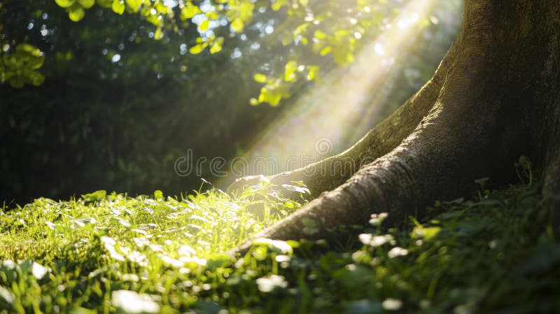 Massive Tree Roots in Lush Green Grass Sunlight Landscape Stock Photo ...