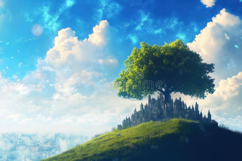 Majestic Tree Grows Atop a Hill Surrounded by an Ancient City Under a ...