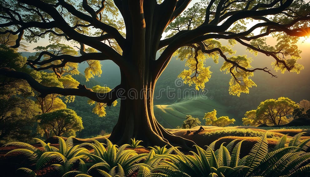 Majestic Tree, Golden Light Landscape Stock Photo - Image of greenery ...