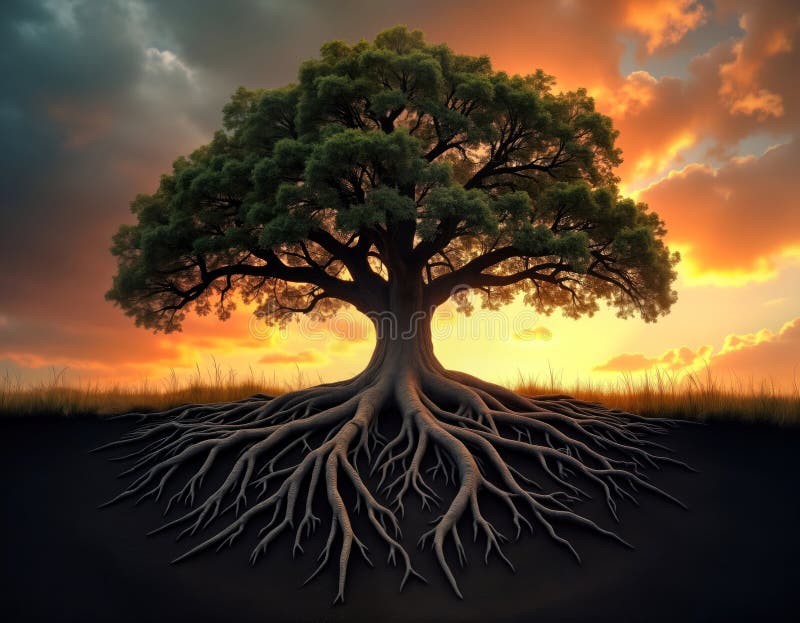 Massive Tree with Strong Roots Deeply Grounded in Earth. Dramatic ...
