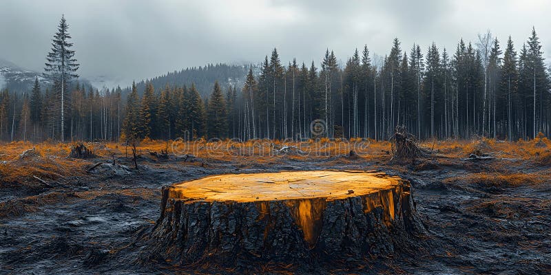 A Massive Tree Stump Remains in a Devastated Deforested Landscape ...