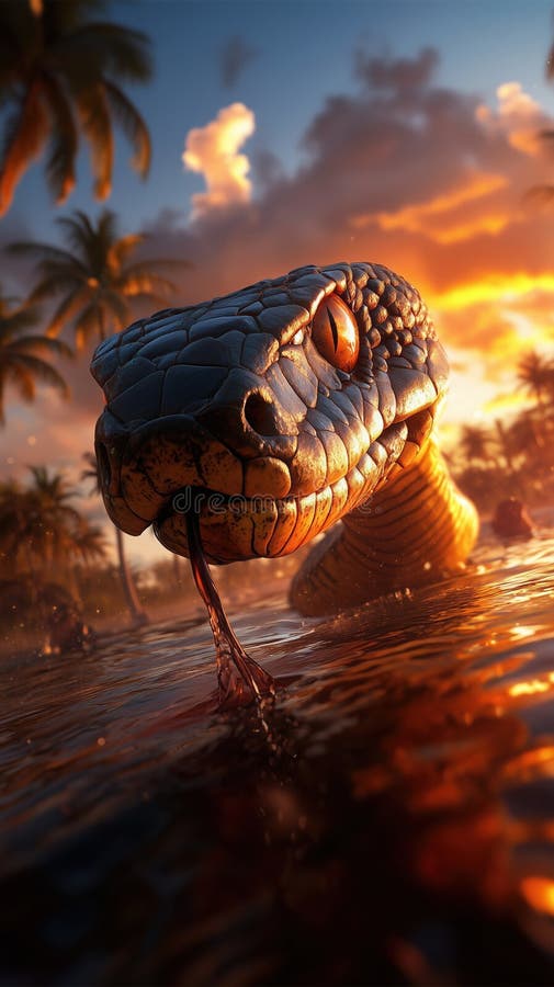 Massive Tropical Snake Sunset Water Reflection Dramatic Scene Stock ...