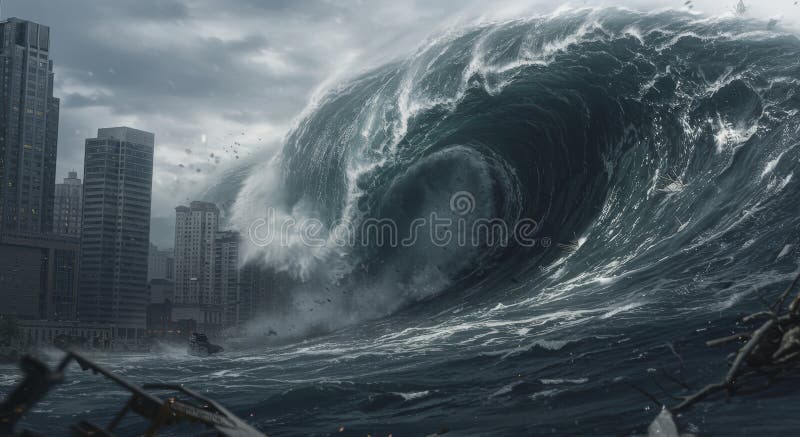 Massive Tsunami Wave Approaching City Skyline during a Stormy Day Stock ...