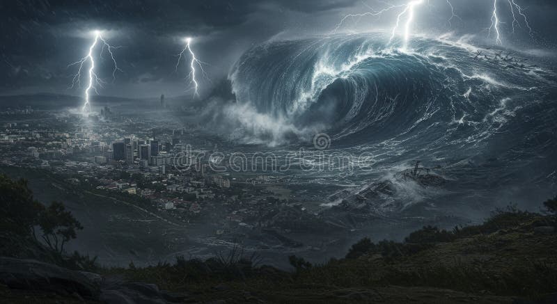 Massive Tsunami Wave Approaching City during Storm with Lightning ...