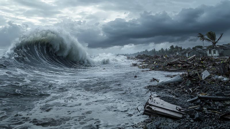 Massive Tsunami Wave Approaching Coastline Ocean Disaster Imagery ...
