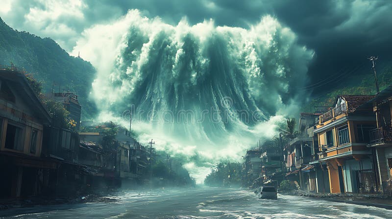 A Massive Tsunami Wave Crashing Down on a Small Town Stock Illustration ...