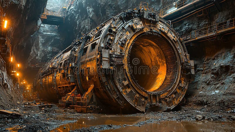 A Massive Tunnel Boring Machine Inside a Dimly Lit Tunnel, Preparing ...