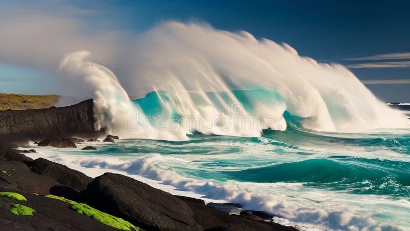 Massive Turquoise Waves Crashing Against Black Rocky Cliffs, Creating ...