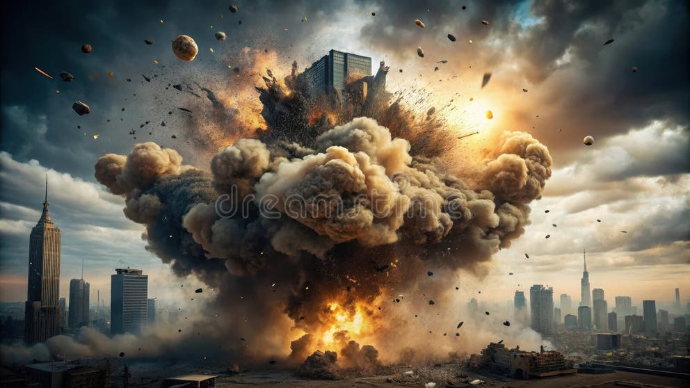 Massive Urban Explosion Debris and Smoke Cloud Over Cityscape ...