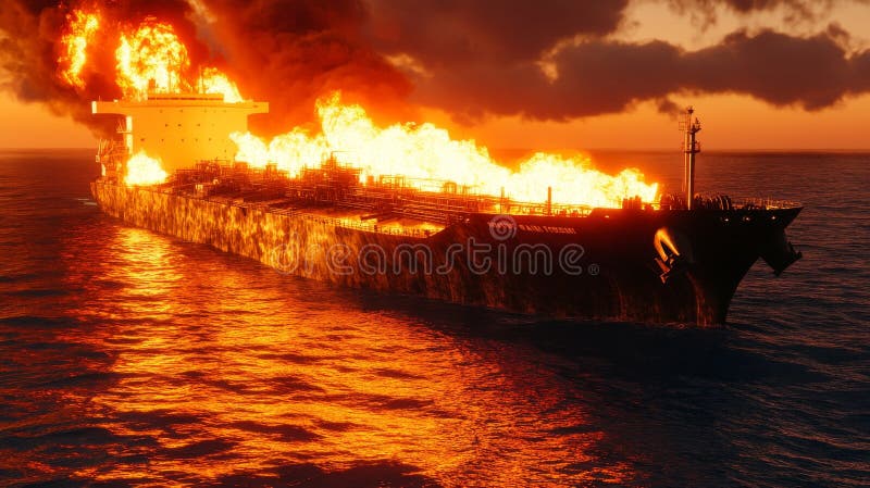 A Massive Vessel is Consumed by Fire As it Burns on the Open Sea. Dark ...