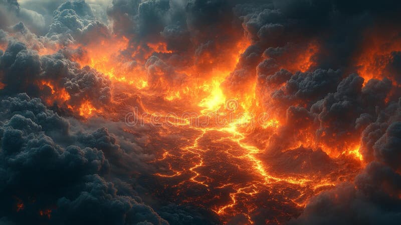 Massive Volcanic Eruption with Glowing Lava River and Ash Clouds Stock ...