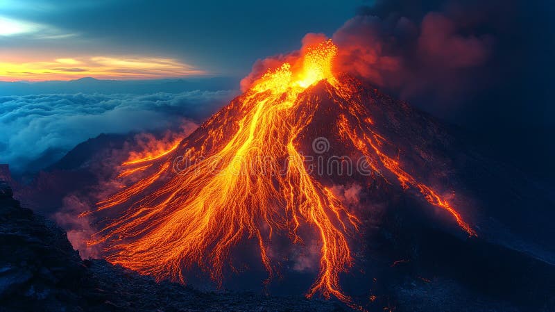 Massive Volcanic Eruption at Night Showcasing Flowing Lava and Dramatic ...
