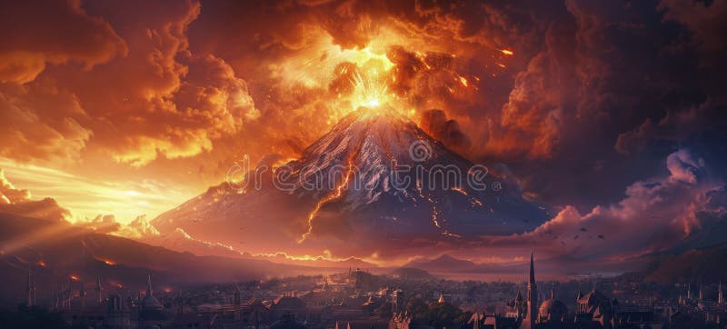 Massive Volcano Erupting with Lava in the Sky Stock Image - Image of ...