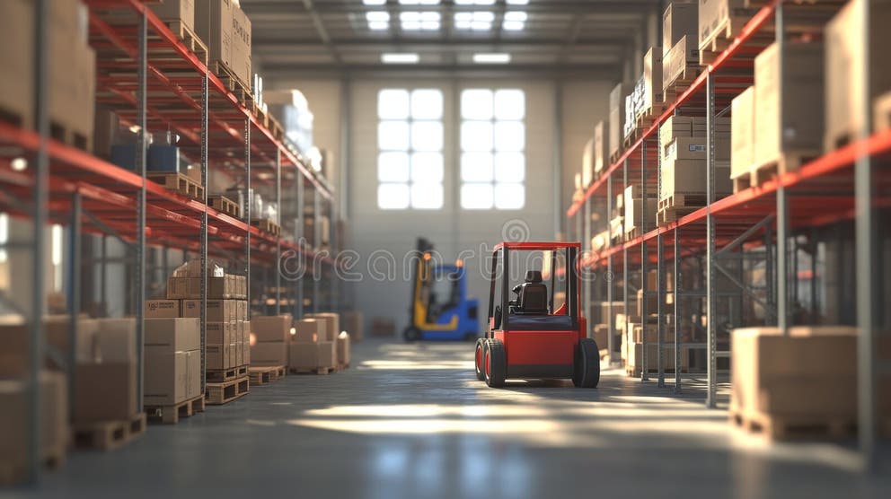 A Massive Warehouse Interior Features Rows of Stacked Boxes with a ...