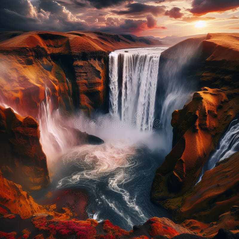 A Massive Waterfall Cascading into a Pool of Swirling Stock Image ...