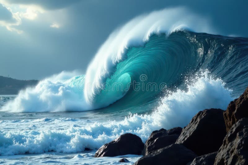 Massive Wave Breaking on Dark Rocks, Frothy Surge , Dramatic, Force ...