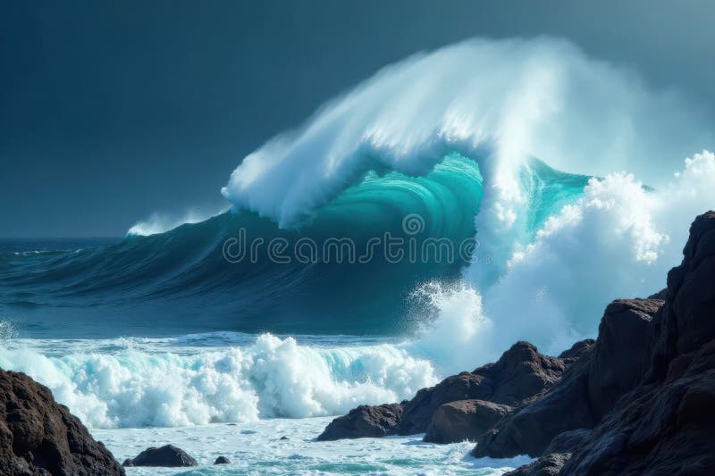 Massive Wave Breaking on Dark Rocks, Frothy Surge , Element, Grey, Foam ...