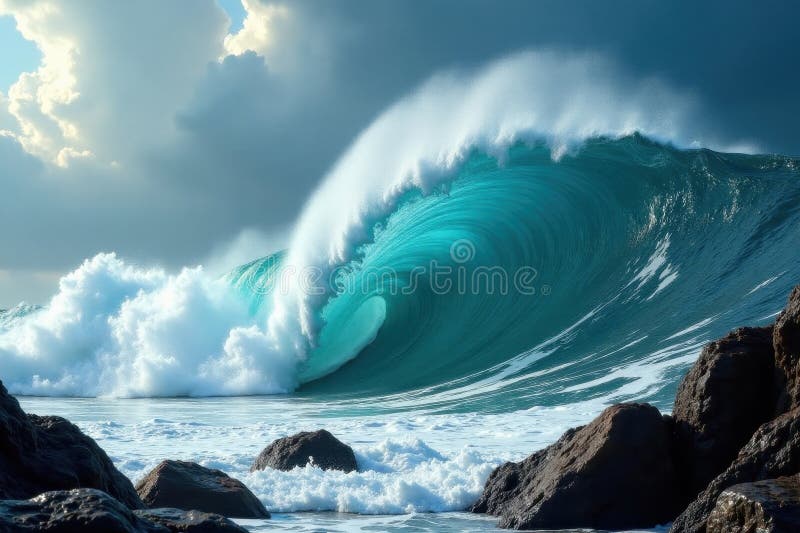 Massive Wave Breaking on Dark Rocks, Frothy Surge , Force, Shoreline ...