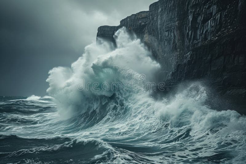 A Massive Wave Crashes Forcefully into a Rugged Cliff, Creating a ...