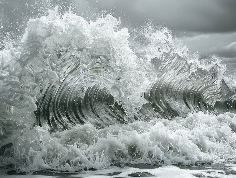 A Massive Wave Crashes Violently Onto the Shore on a Bleak, Overcast ...