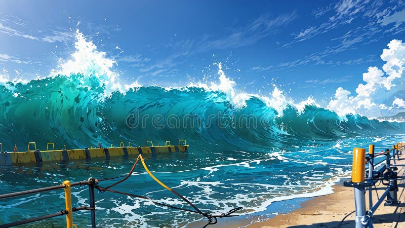 Massive Wave Crashing Against a Seawall in Vibrant Anime Style Artwork ...