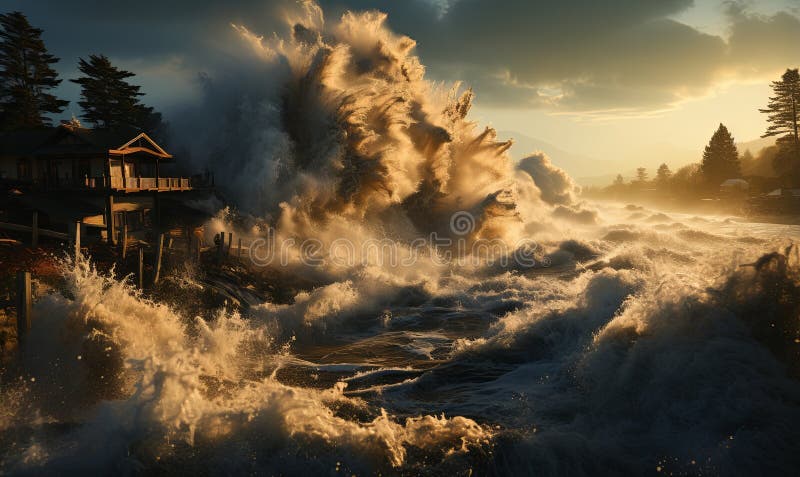 Massive Wave Crashing Over Oceanfront House Stock Image - Image of ...