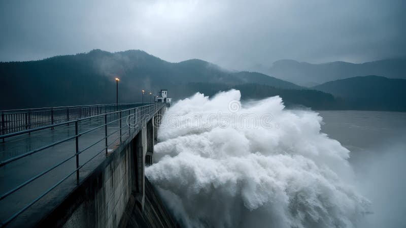 Massive Wave of Floodwater Crashes Over Dam in Dramatic Scene Stock ...