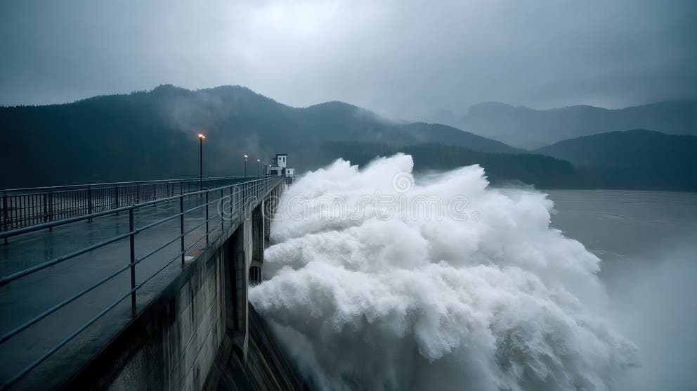 Massive Wave of Floodwater Crashes Over Dam in Dramatic Scene Stock ...